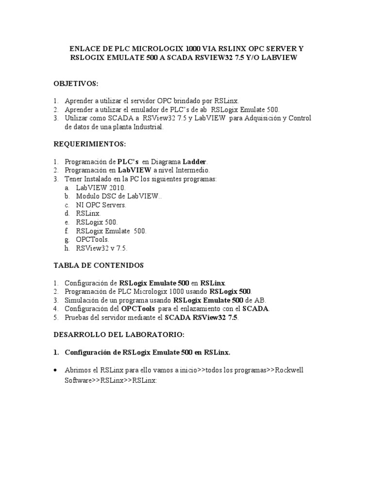 Enlace de PLC Micrologix 1000 Via Rslinx Opc Server y Rslogix Emulate ...
