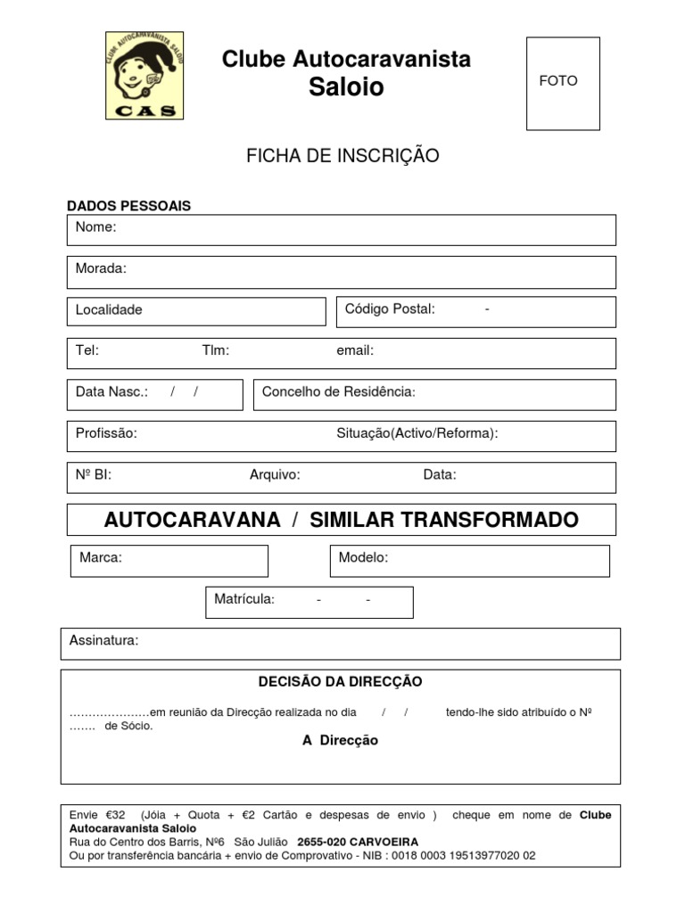 Ficha de Inscrição Clube Autocaravanista | PDF
