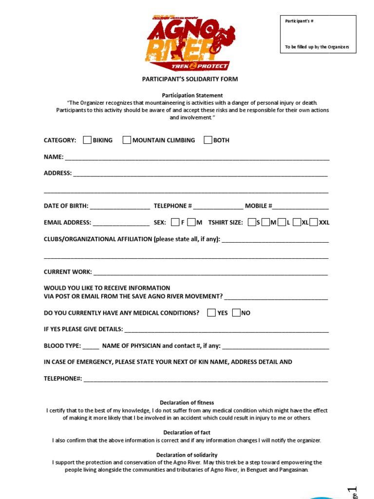 Agno River Trek Participation Form | PDF | Indemnity | Negligence
