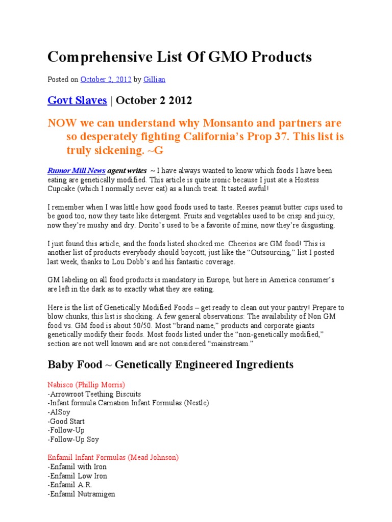 Comprehensive GMO Products List | PDF