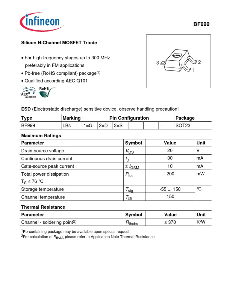 BF999 Data Sheets | PDF | Field Effect Transistor | Mosfet
