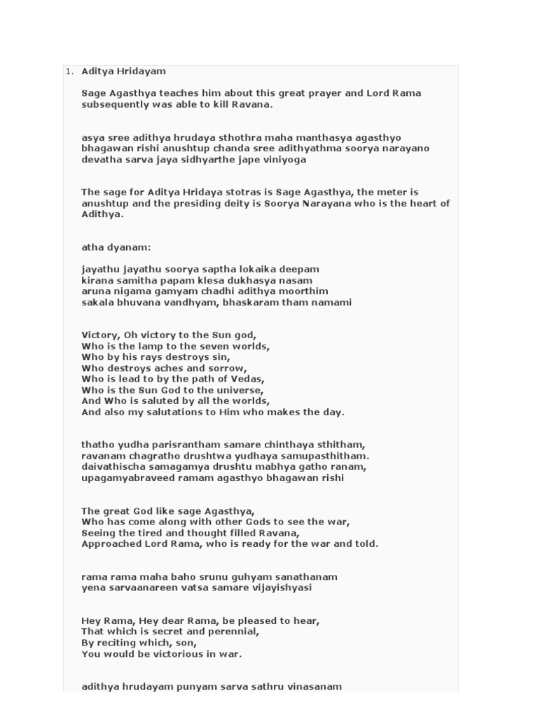 Aditya Hridayam-Meaning in English | PDF | Hindu Texts | Ancient Indian ...