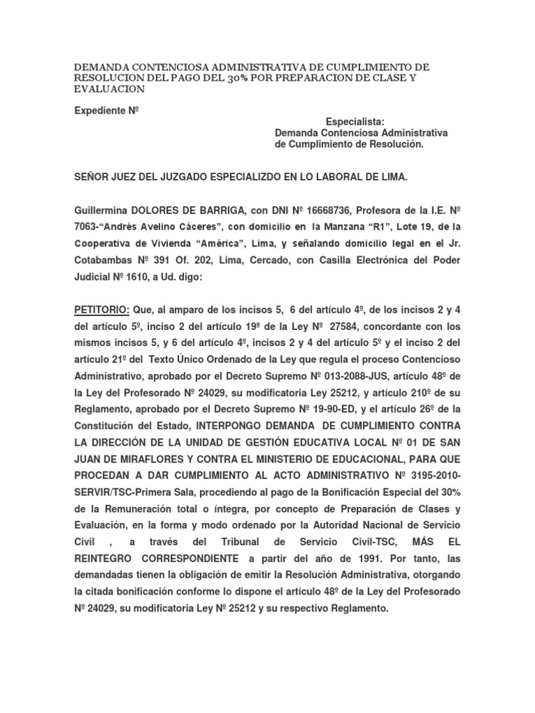 Demanda de Cumplimiento Del 30% Prep. | PDF | Demanda judicial | Regulación
