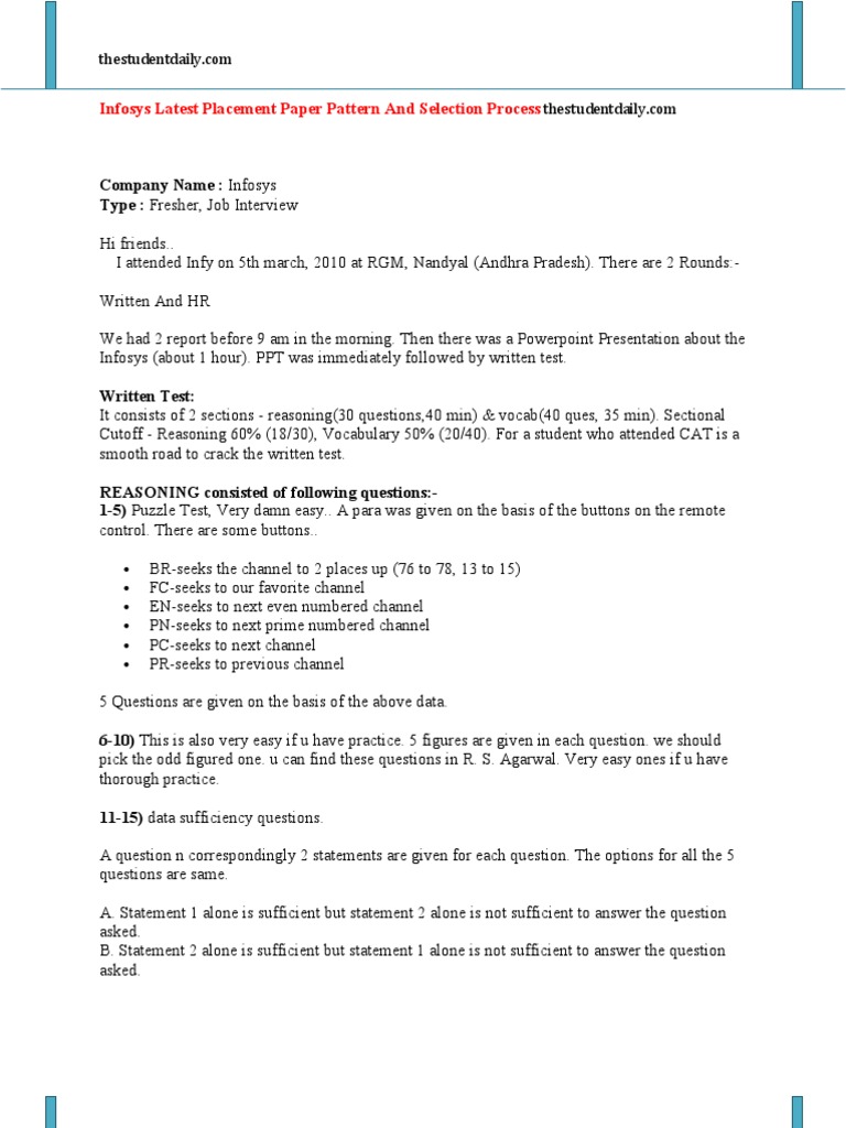 Infosys Placement Process 2010 | PDF | Question | Test (Assessment)