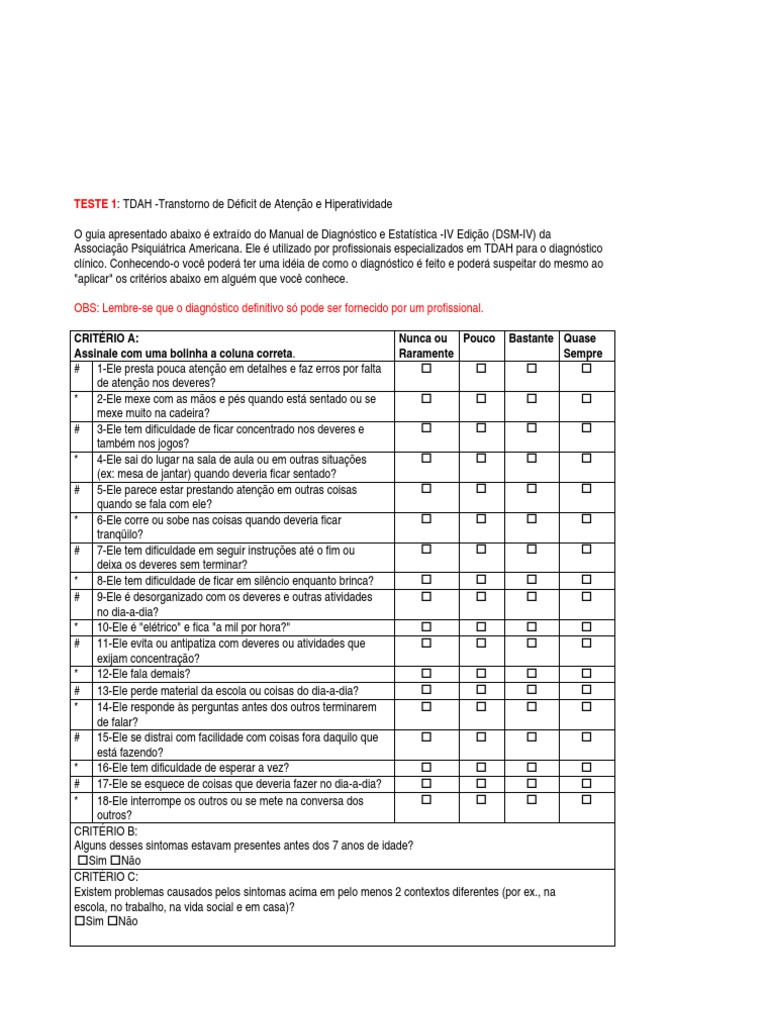 Teste Tdah | PDF | Transtorno de déficit de atenção e hiperatividade ...
