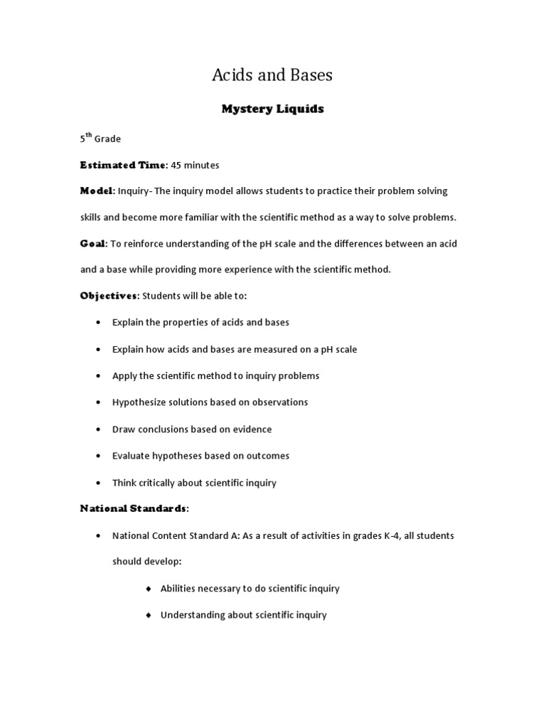 Acids and Bases Lesson Plan | PDF | Scientific Method | Ph