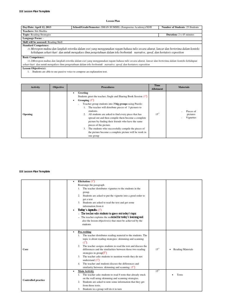 Reading Strategies Lesson Plan Template | PDF | Speed Reading | Lesson Plan