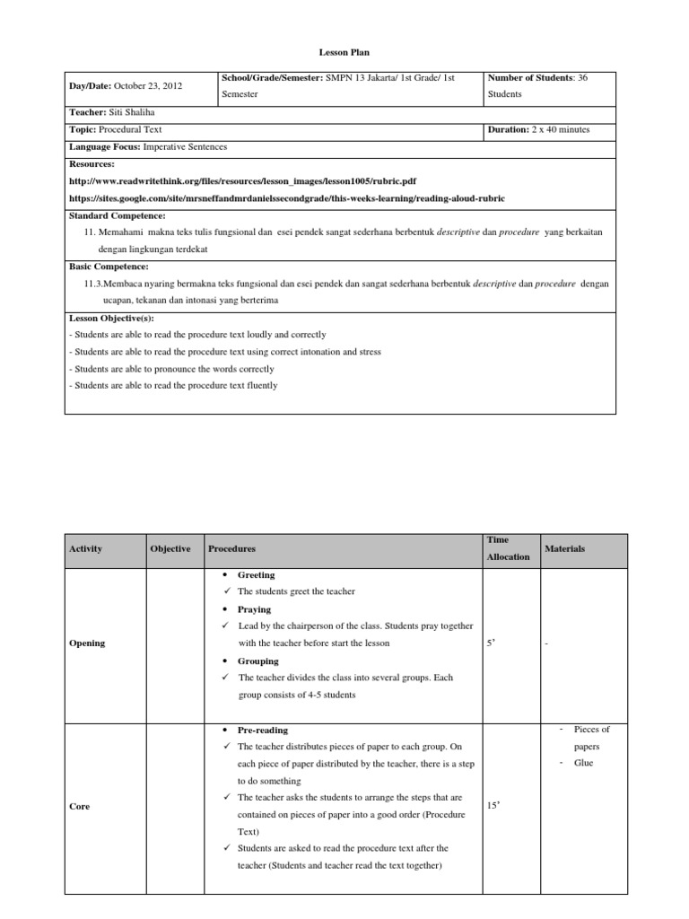 Lesson Plan Procedure Text | PDF | Ice Cream | Milkshake