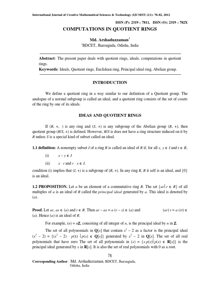 Computations in Quotient Rings | PDF | Ring (Mathematics) | Group ...
