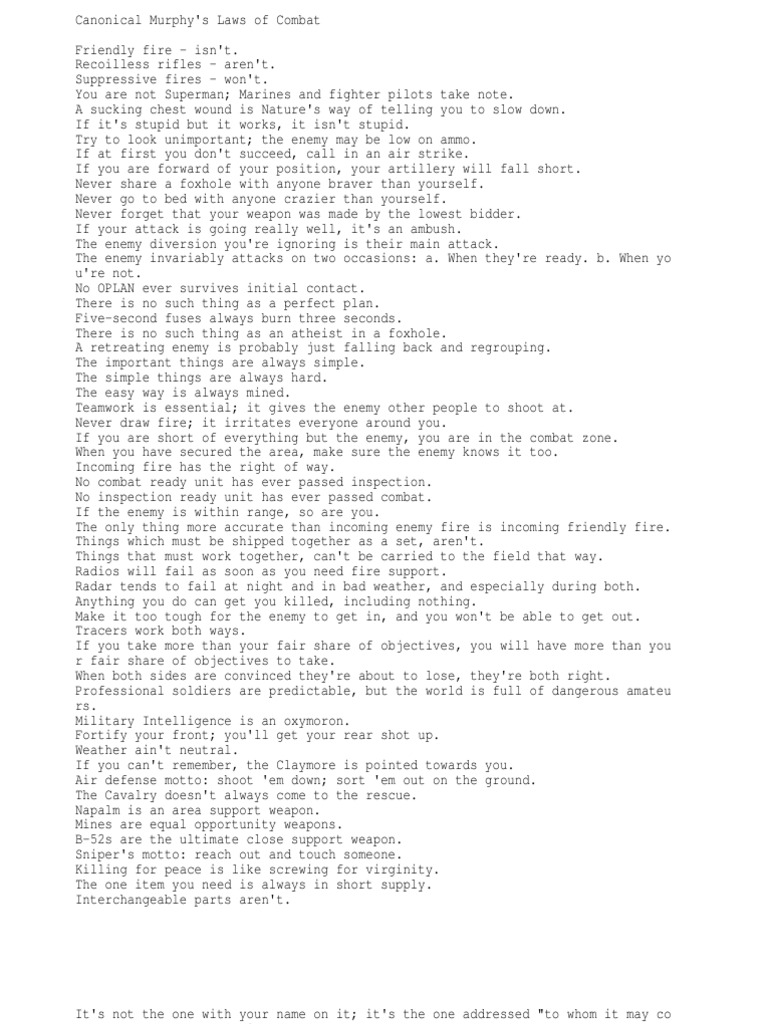 Canonical Murphy's Laws of Combat | PDF | Ammunition | Platoon