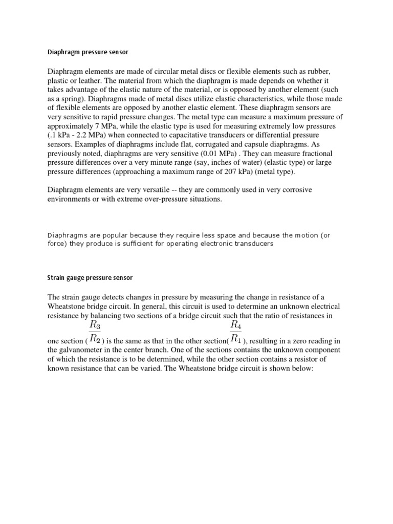 Diaphragm Pressure Sensor | PDF | Electrical Resistance And Conductance ...