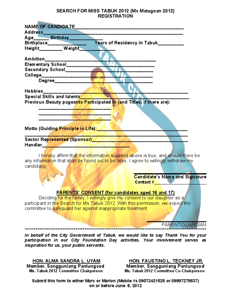 Registration Form For A Beauty Pageant | PDF