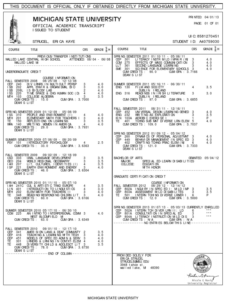 Michigan State University Official Transcript | Grading (Education ...