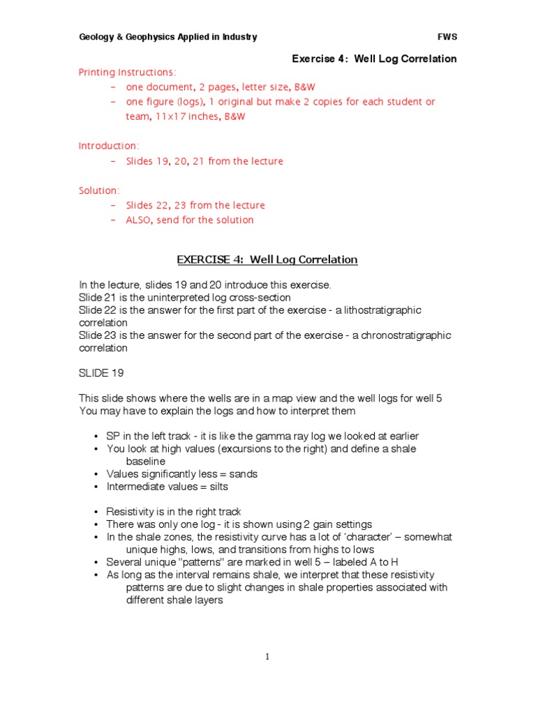 Exercise 4: Well Log Correlation: Geology & Geophysics Applied in Industry FWS | PDF | Earth ...