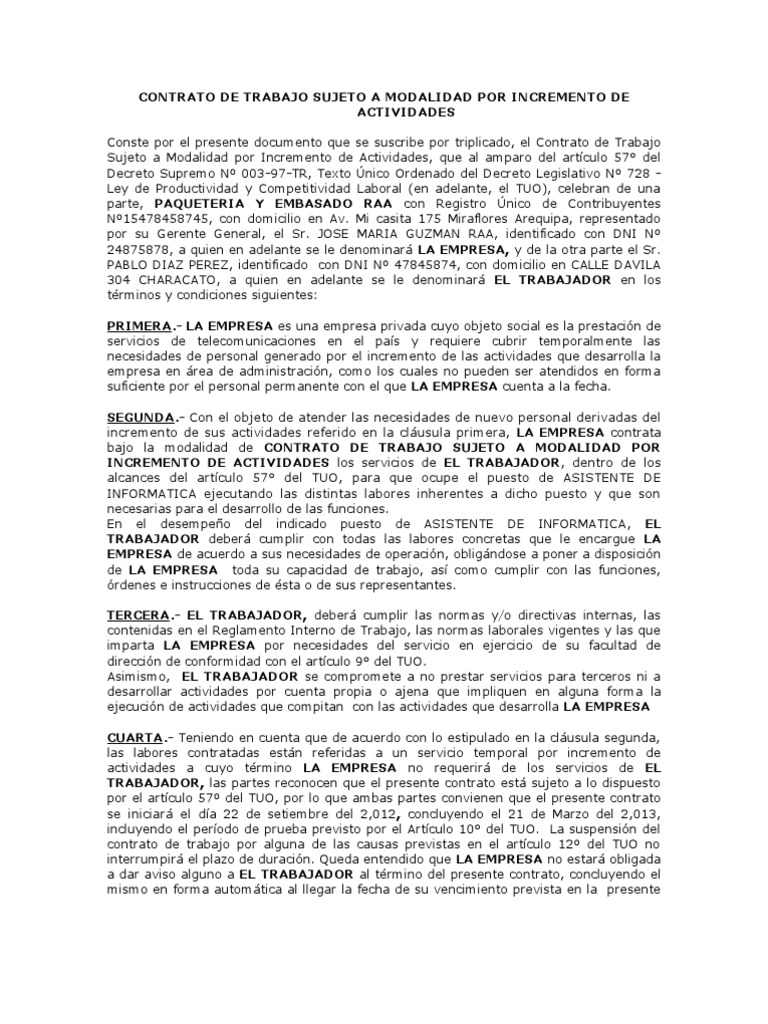 Contrato de Trabajo Sujeto A Modalidad Por Incremento de Actividades | PDF | Derecho laboral ...