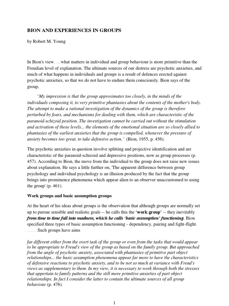Bion's Group Dynamics and Psychotic Anxiety | PDF | Behavioural ...