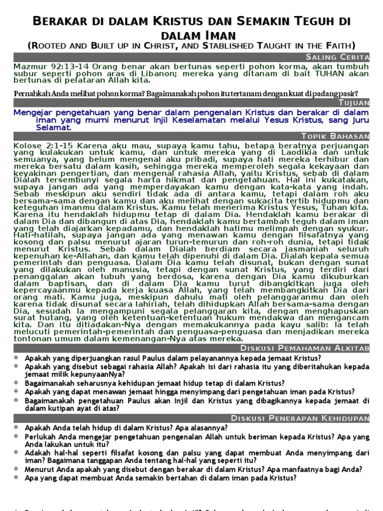 Berakar Di Dalam Kristus Dan Semakin Teguh Di Dalam Iman | PDF