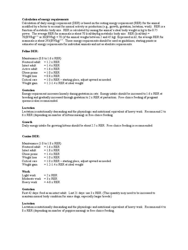 Guidelines for Calculating Energy Requirements in Cats and Dogs Based ...