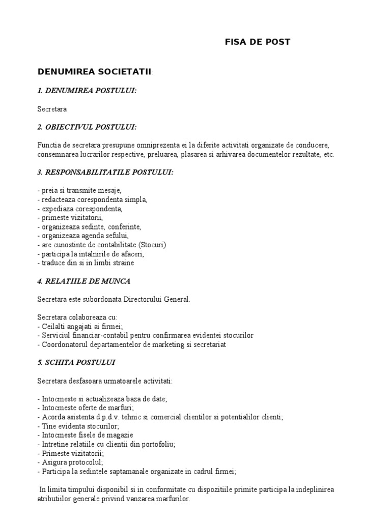 Fisa Post Secretara | PDF