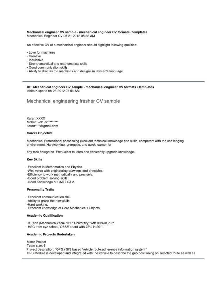 Mechanical Engineer CV Sample | PDF | Engineer | Mechanical Engineering