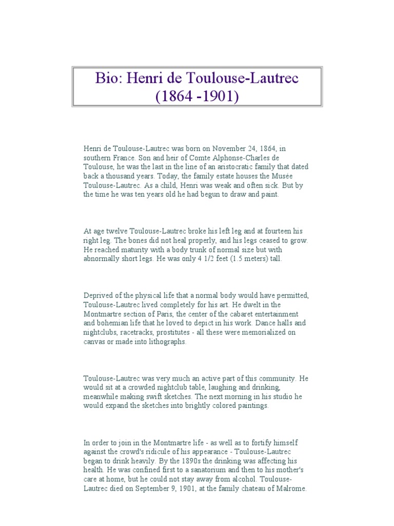 Henri de Toulouse-Lautrec: Life & Art | PDF
