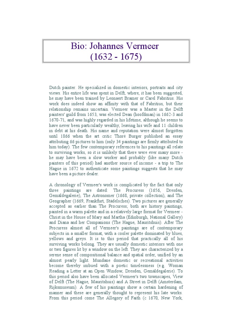 Johanes Vermeer Biography | PDF | Works Of Art | Paintings
