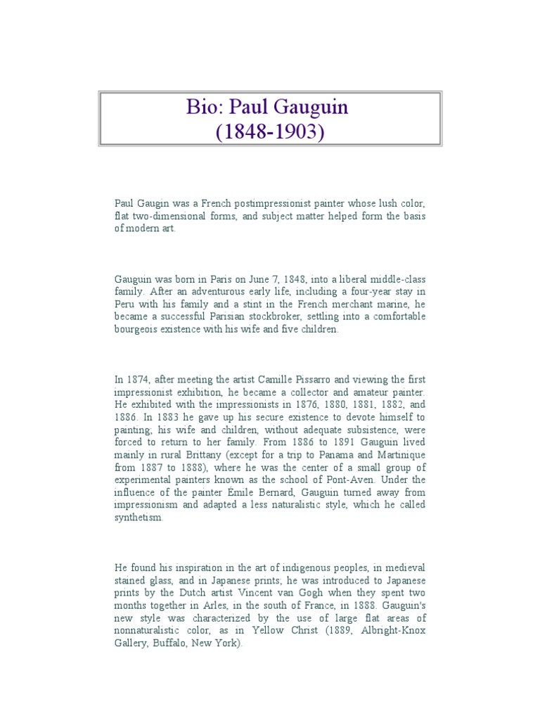Paul Gauguin Biography | PDF | Paul Gauguin | Impressionism