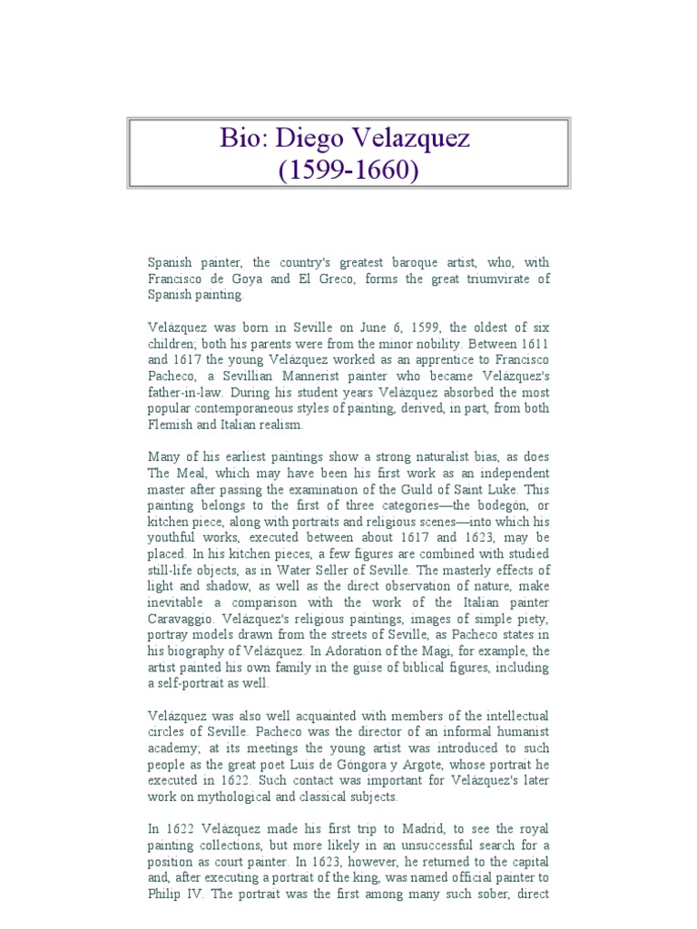 Diego Velazquez Biography | PDF | Portrait Painting | Peter Paul Rubens