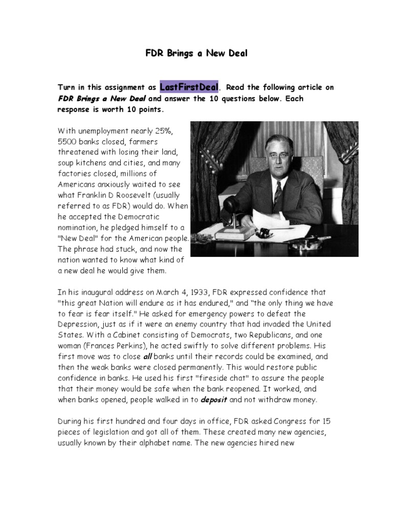 FDR Summary and Worksheet | PDF | New Deal | Franklin D. Roosevelt