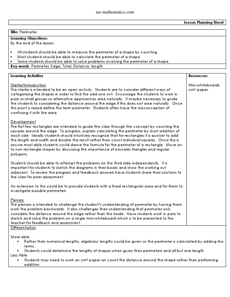 Perimeter Lesson Plan | Download Free PDF | Area | Rectangle