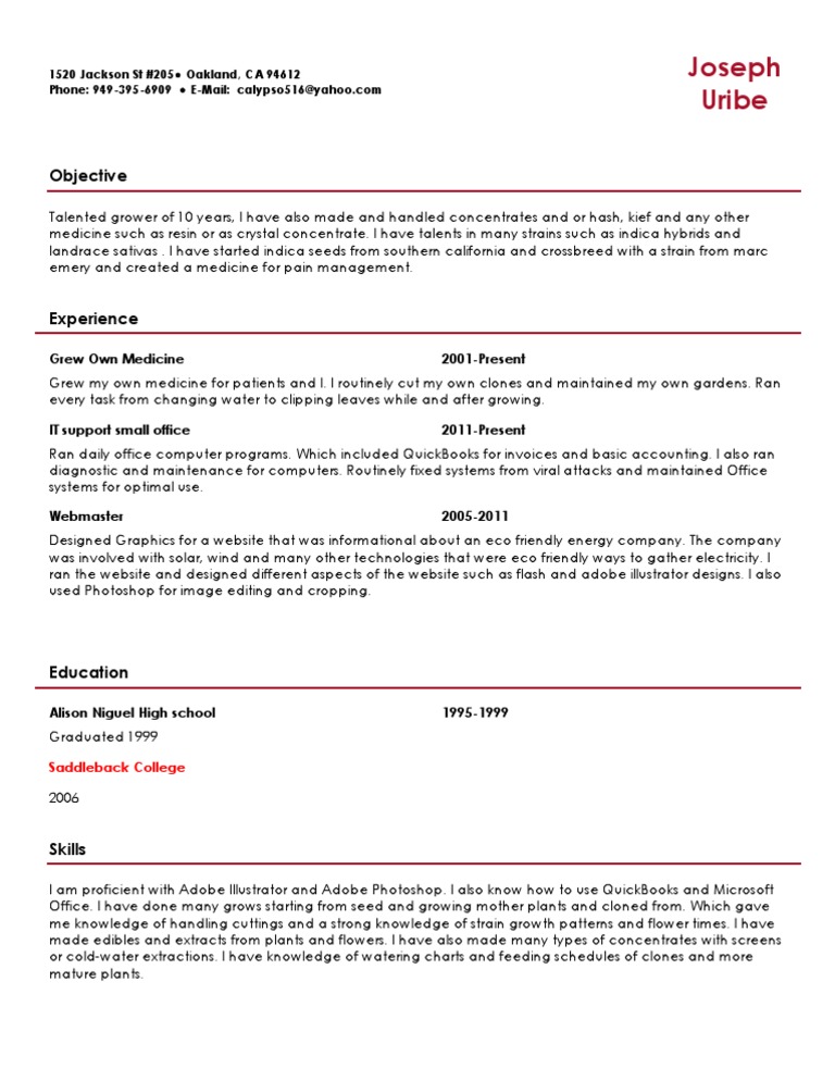 Experienced Cannabis Grower Resume | PDF
