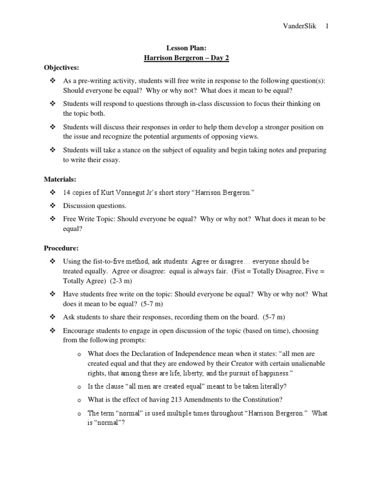 Harrison Bergeron Lesson Plan Day 2 | PDF | Social Science | Philosophy