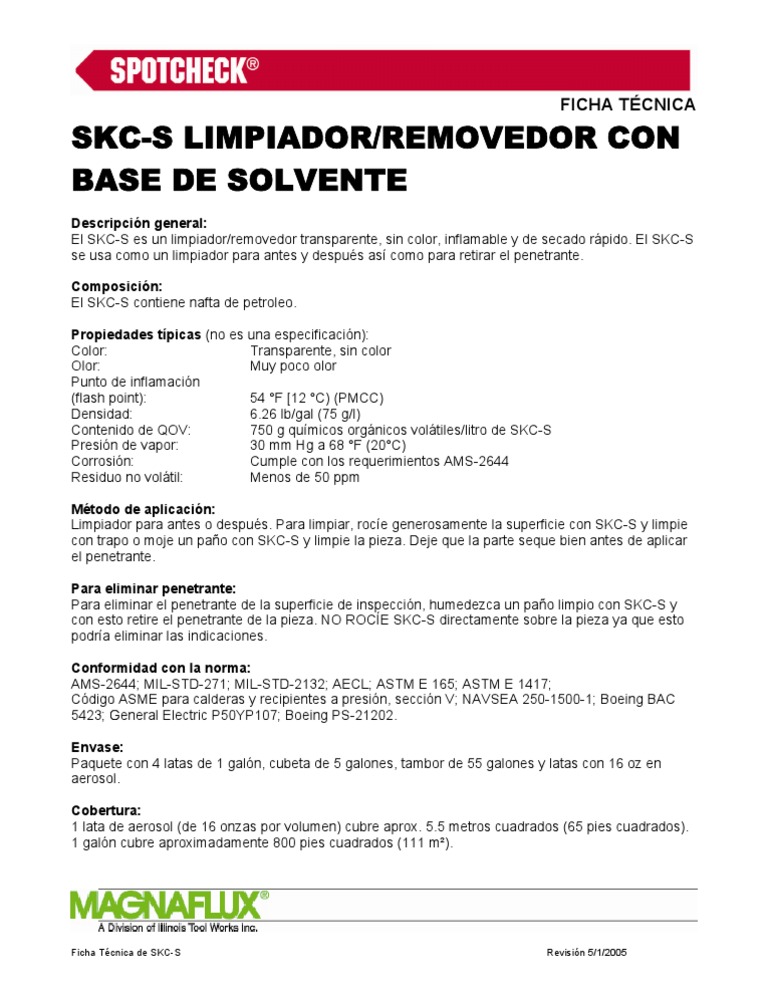 Ficha Técnica Magnaflux Limpiador SKC-S (Español) | PDF