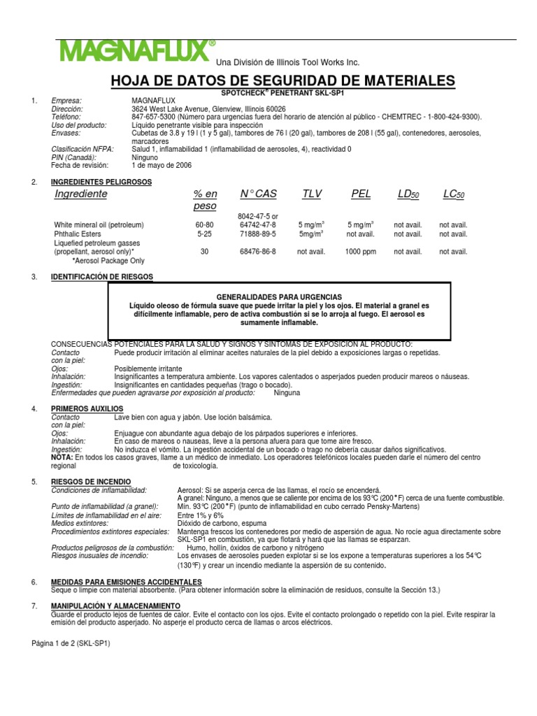 Magnaflux Penetrante SKL-SP1 (MSDS Spanish) | PDF | Aerosol | Agua