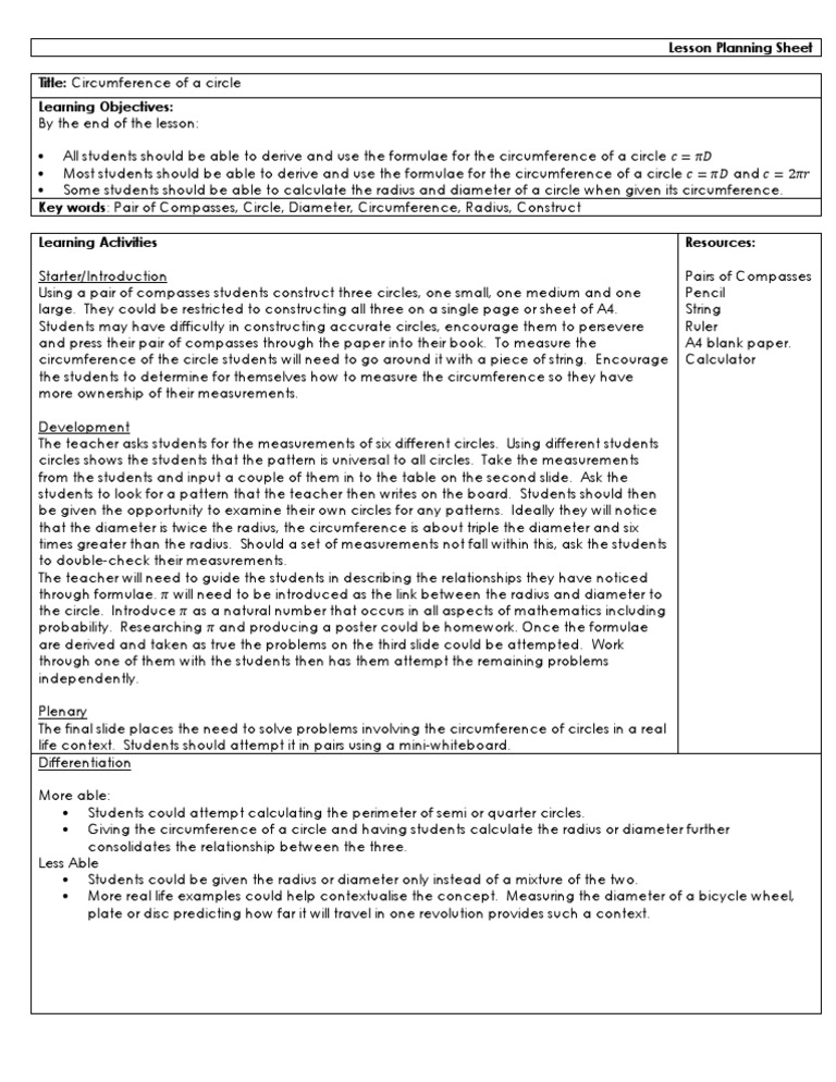 Circumference of a circle lesson plan | Circle | Lesson Plan