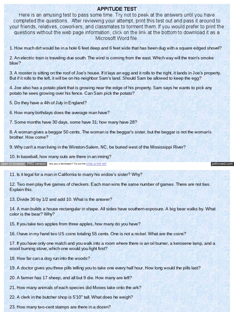 Fun Aptitude Test Questions | PDF | Young Adult