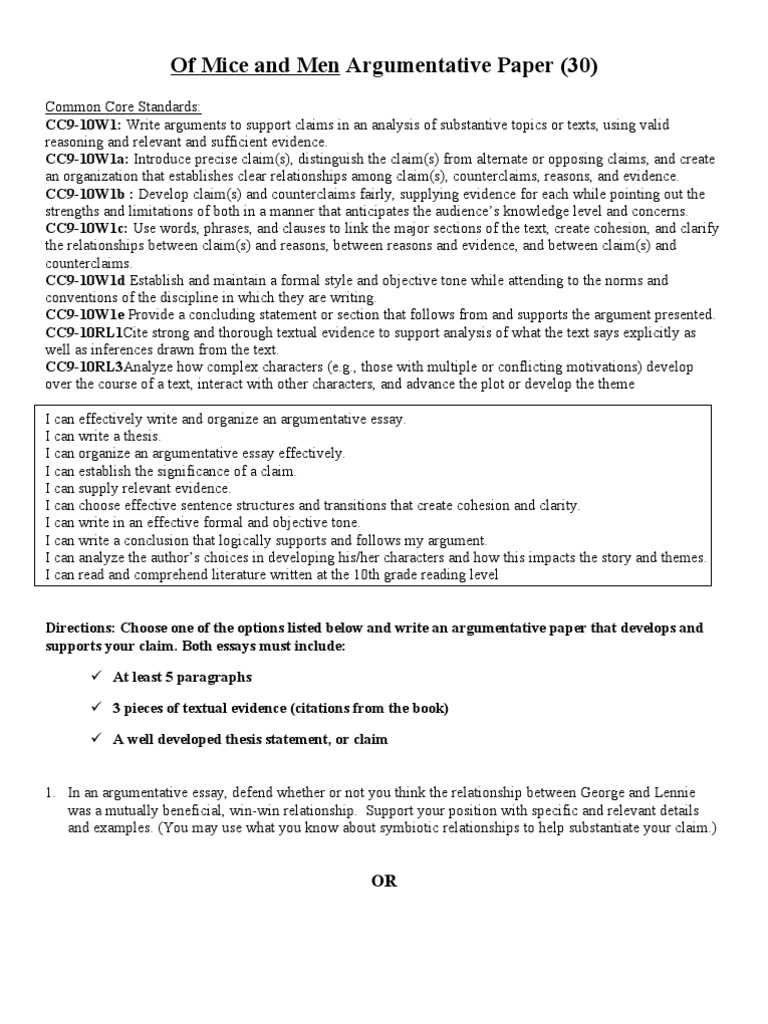 Of Mice and Men Assessments | PDF | Essays | Reason