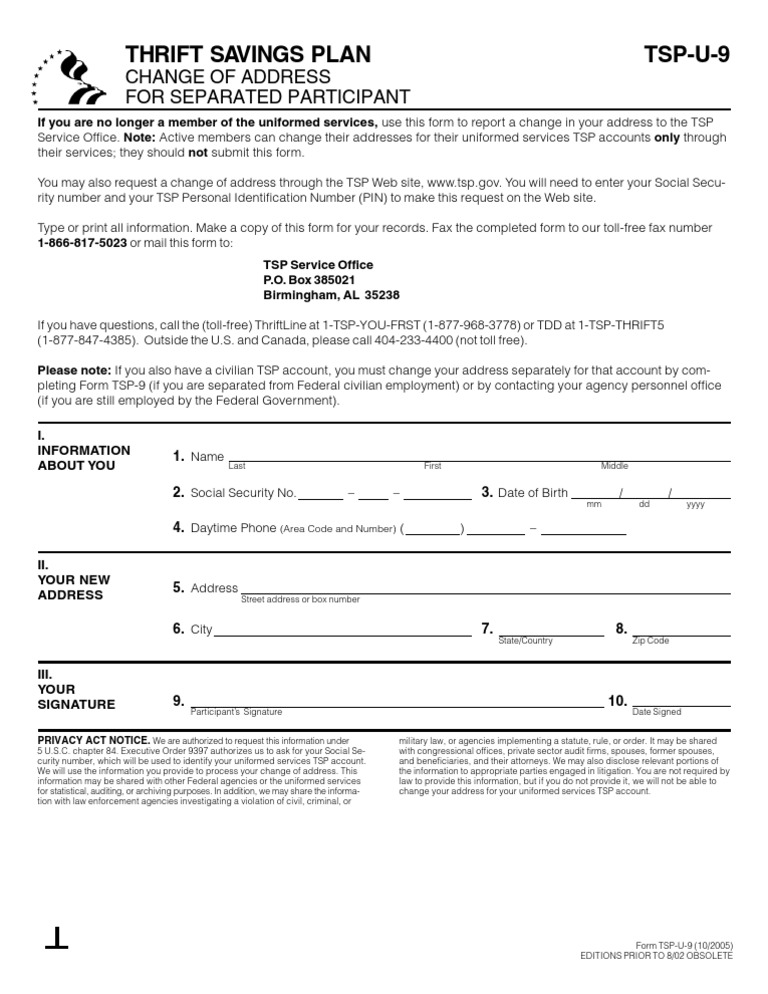 TSP-U-9 Change of Address Form | PDF | National Security | Government ...