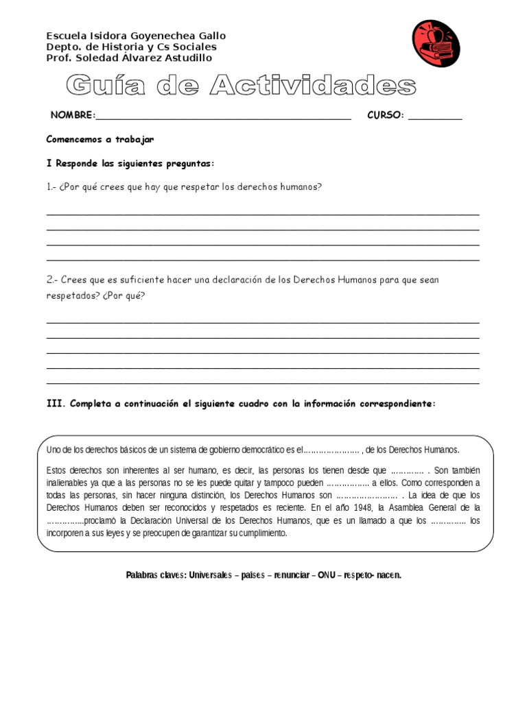 Hojas De Trabajo Sobre La Declaración De Derechos Para La Escuela ...
