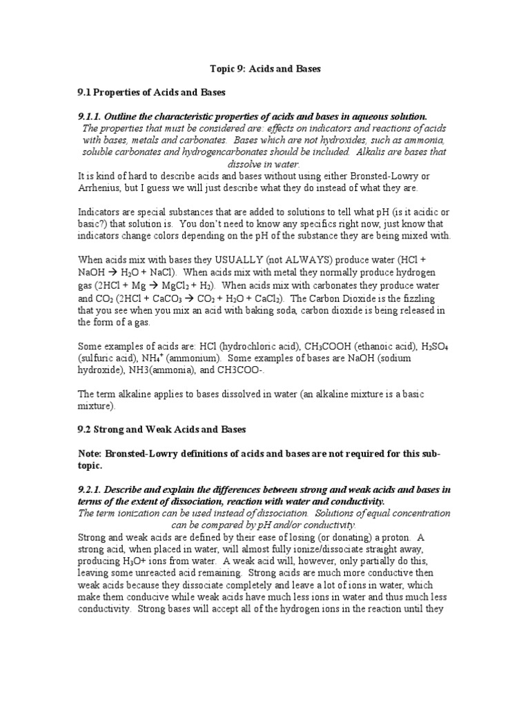 9.1.1. Outline The Characteristic Properties of Acids and Bases in ...