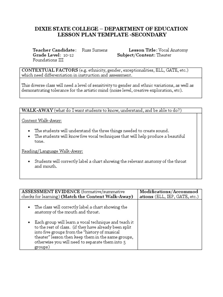 Vocal Anatomy Lesson Plan | PDF | Vocal Pedagogy | Lesson Plan