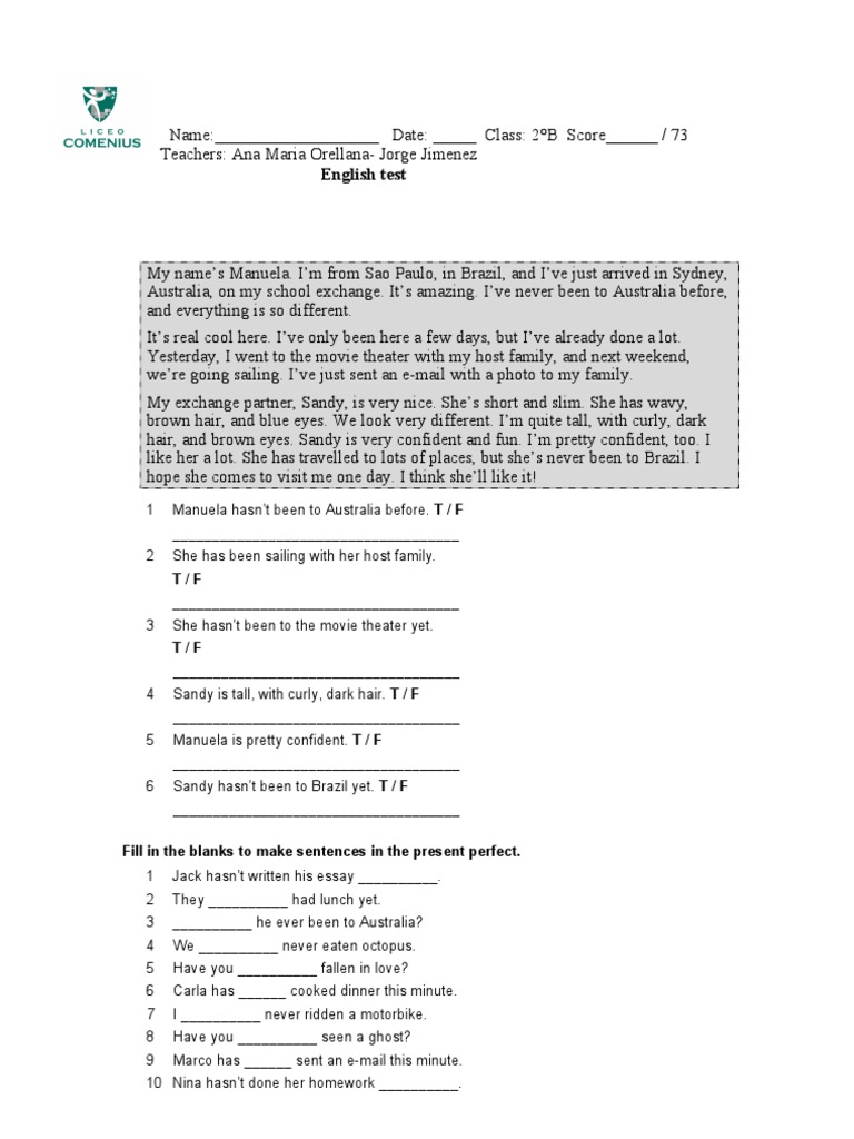 Present Perfect English Test | PDF