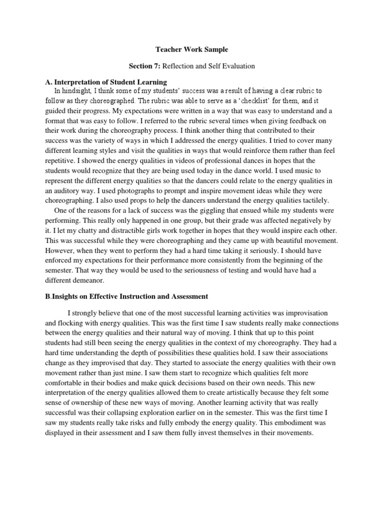 Teacher Work Sample Section 7: Reflection and Self Evaluation A ...