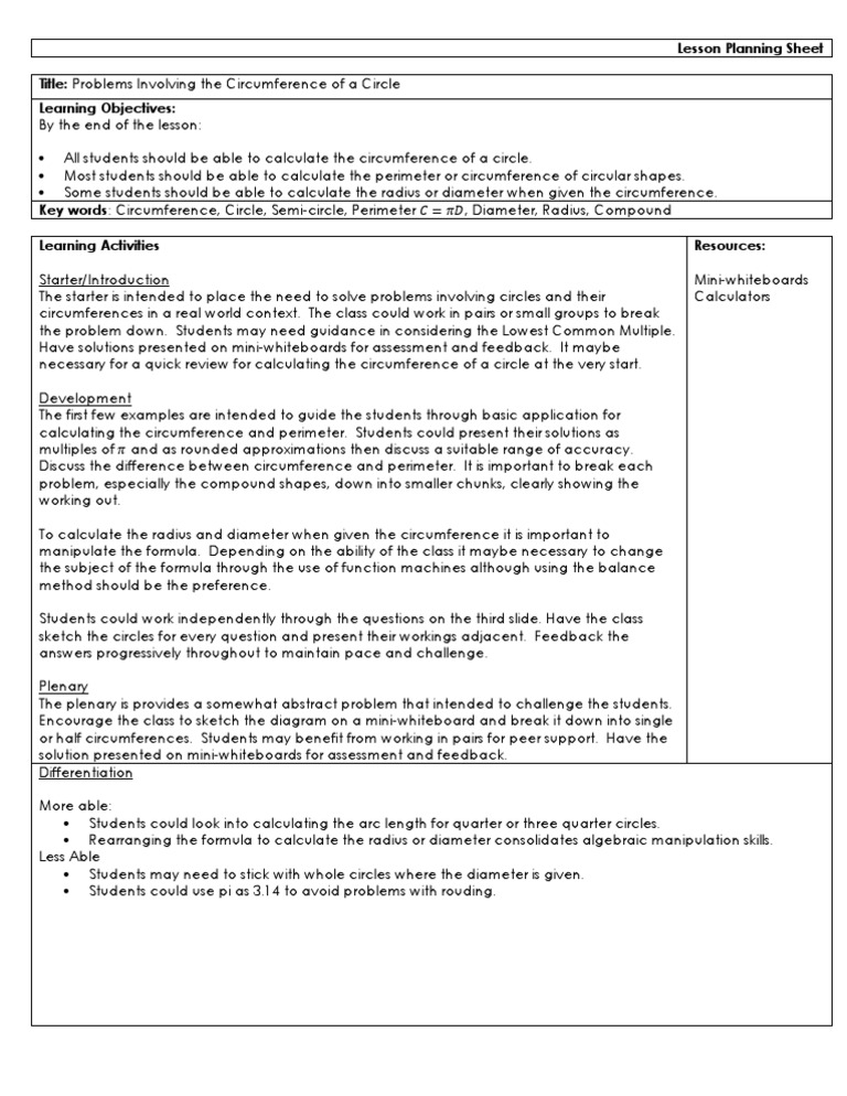 Problems Involving Circumference of Circles Lesson Plan | PDF | Circle | Pi