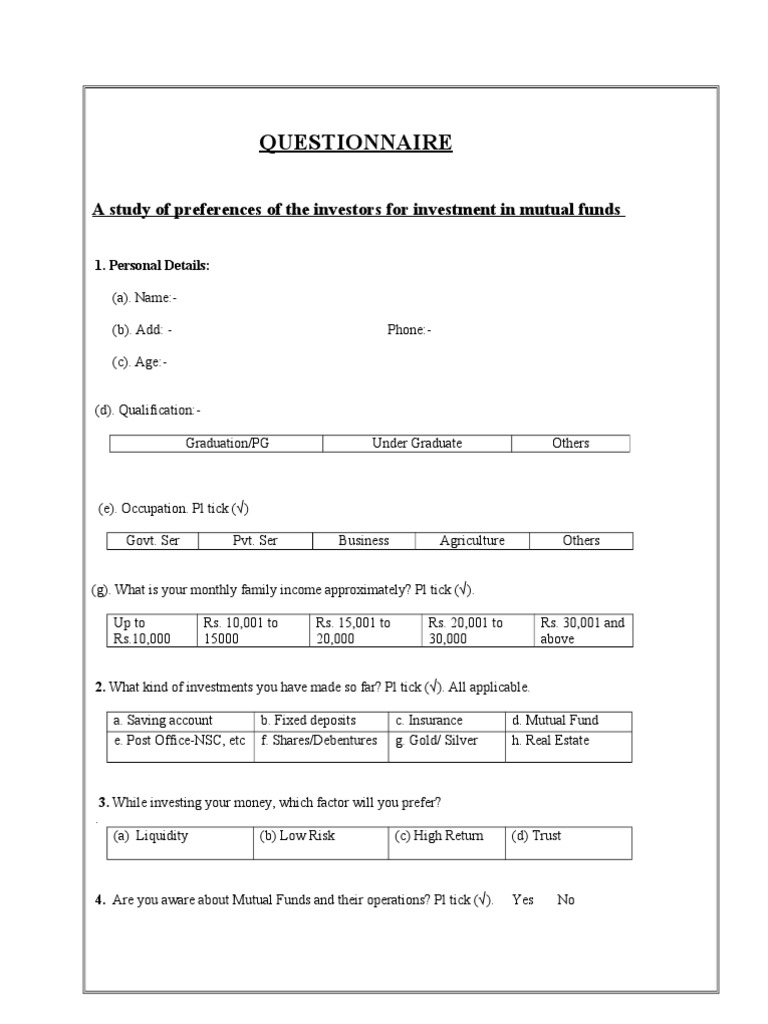 Questionnaire On Mutual Fund of Reliance | PDF