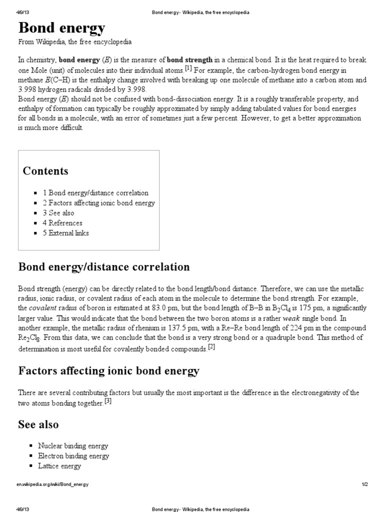Bond Energy - Wikipedia, The Free Encyclopedia | PDF | Chemical Bond ...