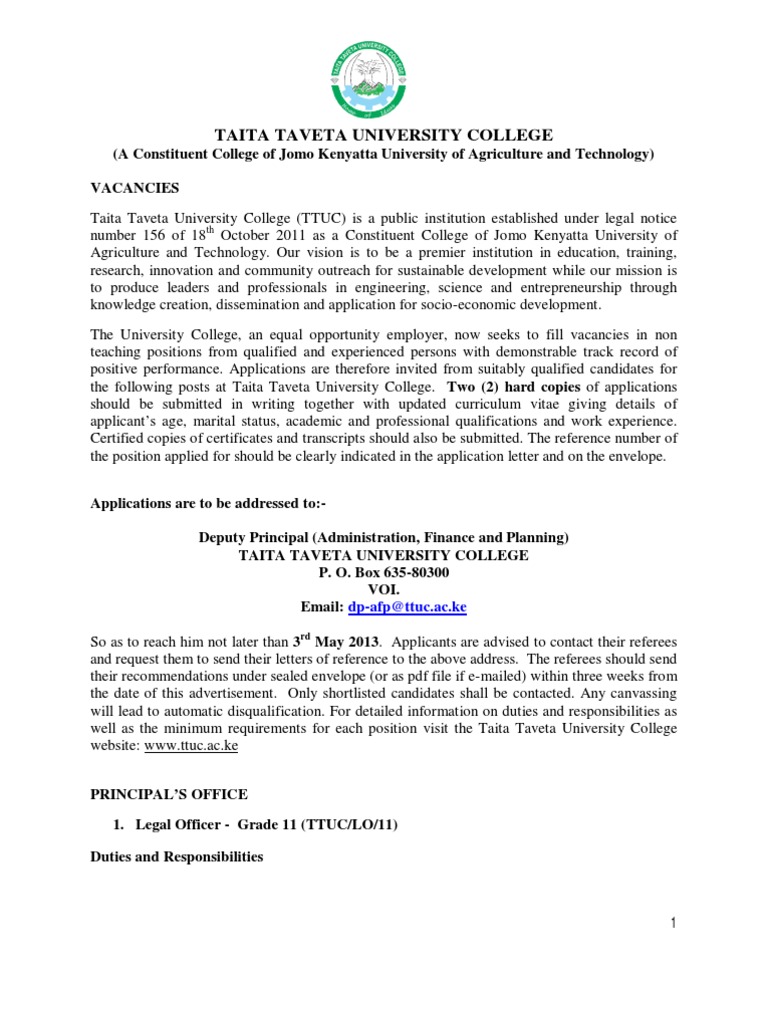 Taita Taveta University College - Vacancies | PDF | Academic Degree ...
