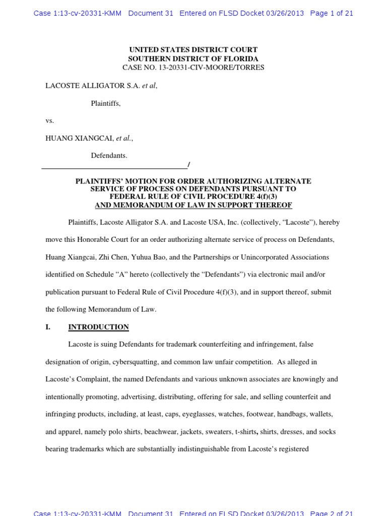 Motion & Memo For Alt Service of Serving Defendant Summons and ...