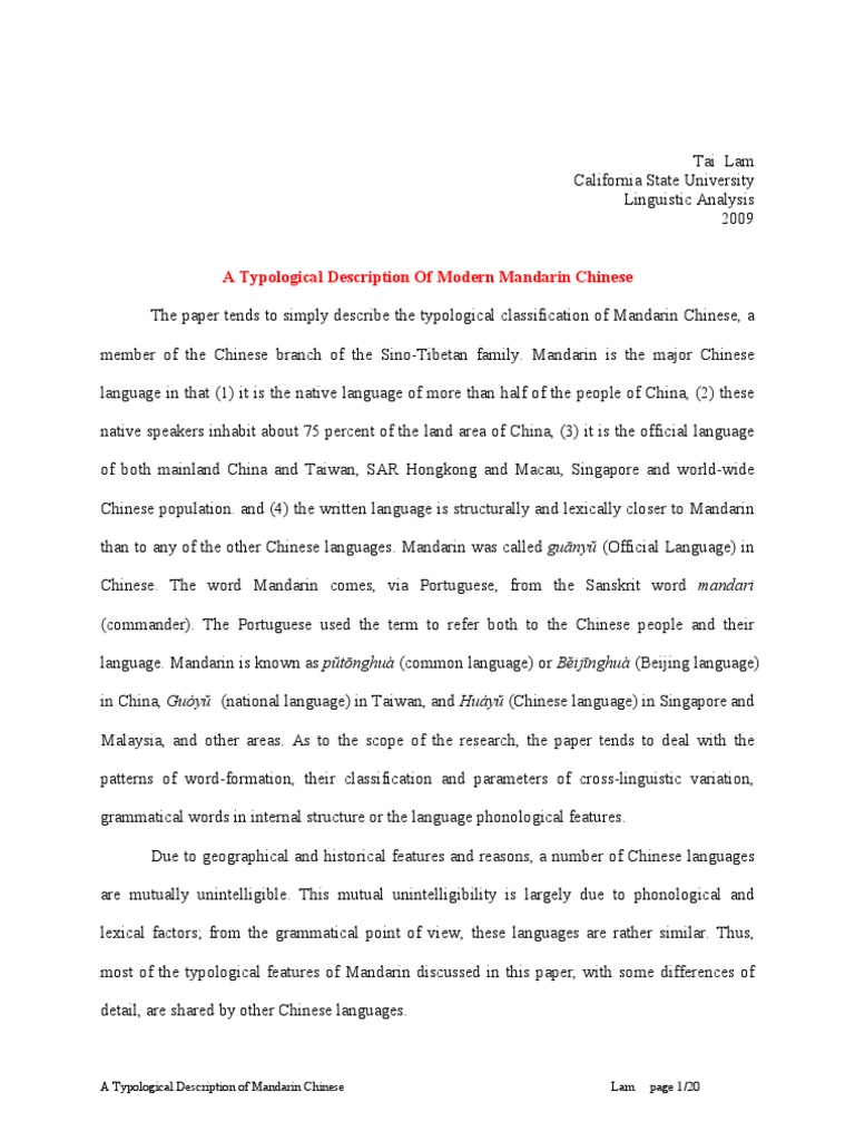 A Typological Description of Modern Mandarin Chinese | PDF | Syllable ...