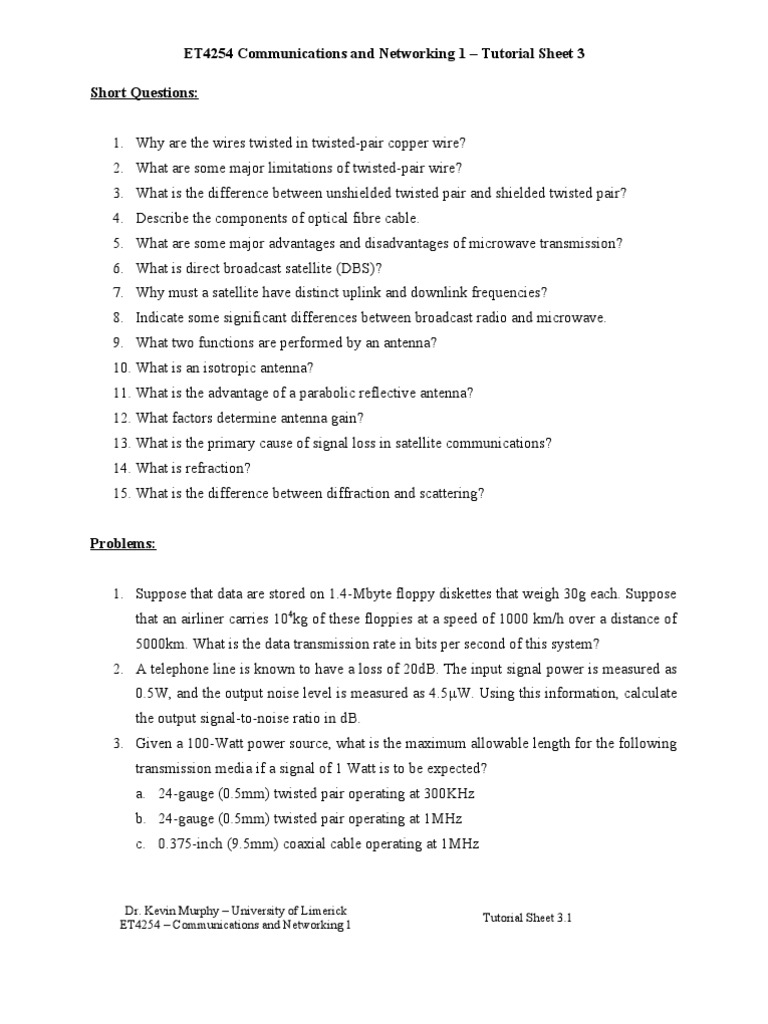 ET4254 Communications and Networking 1 - Tutorial Sheet 3 Short ... ET4254 Communications and Networking 1 - Tutorial Sheet 3 Short ...